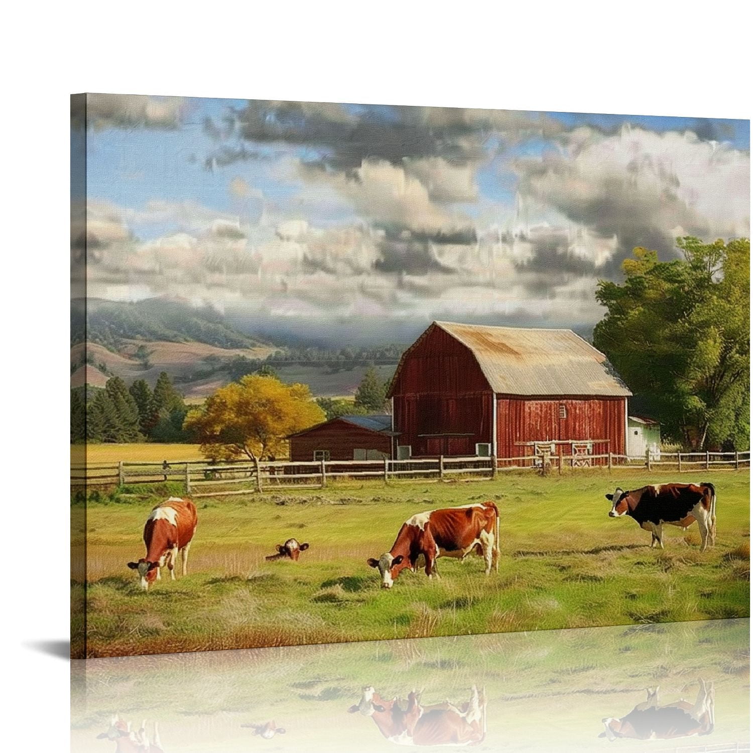 Acheng Farmhouse Bedroom Wall Art: Red Barn with Cow Cattle Rustic ...