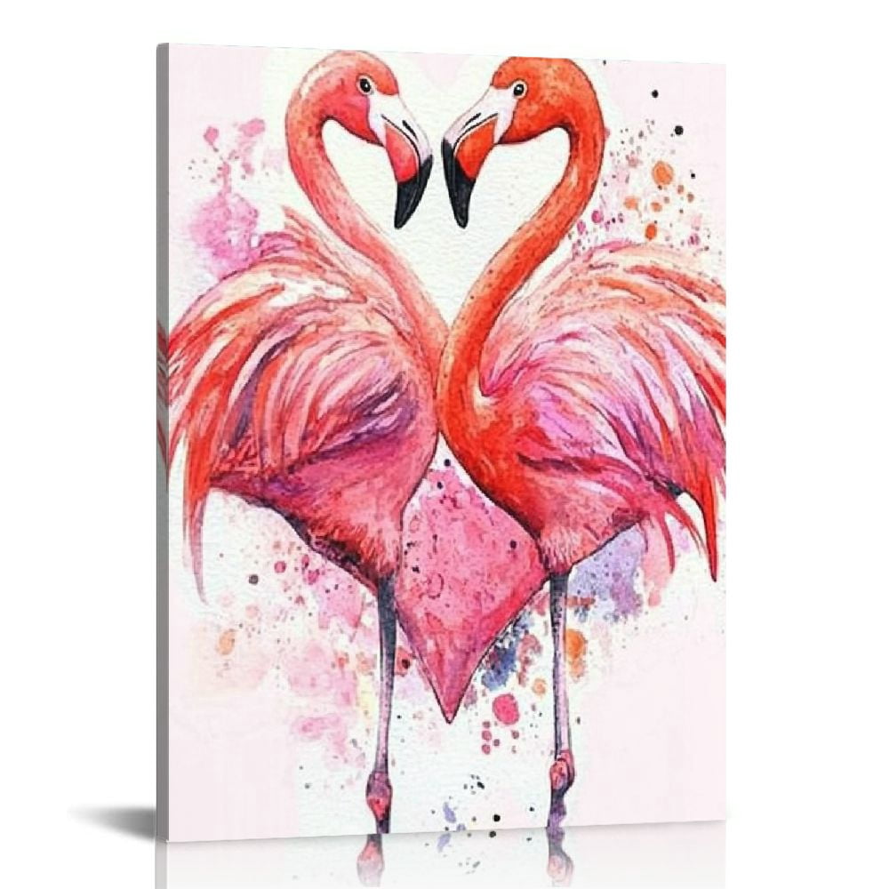 Acheng Flamingos Canvas Wall Art Decor, Funny Two Pink Flamingos Kiss ...