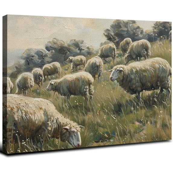Acheng Framed Canvas Print Wall Art Farmer's Sheep Grazing in Long ...