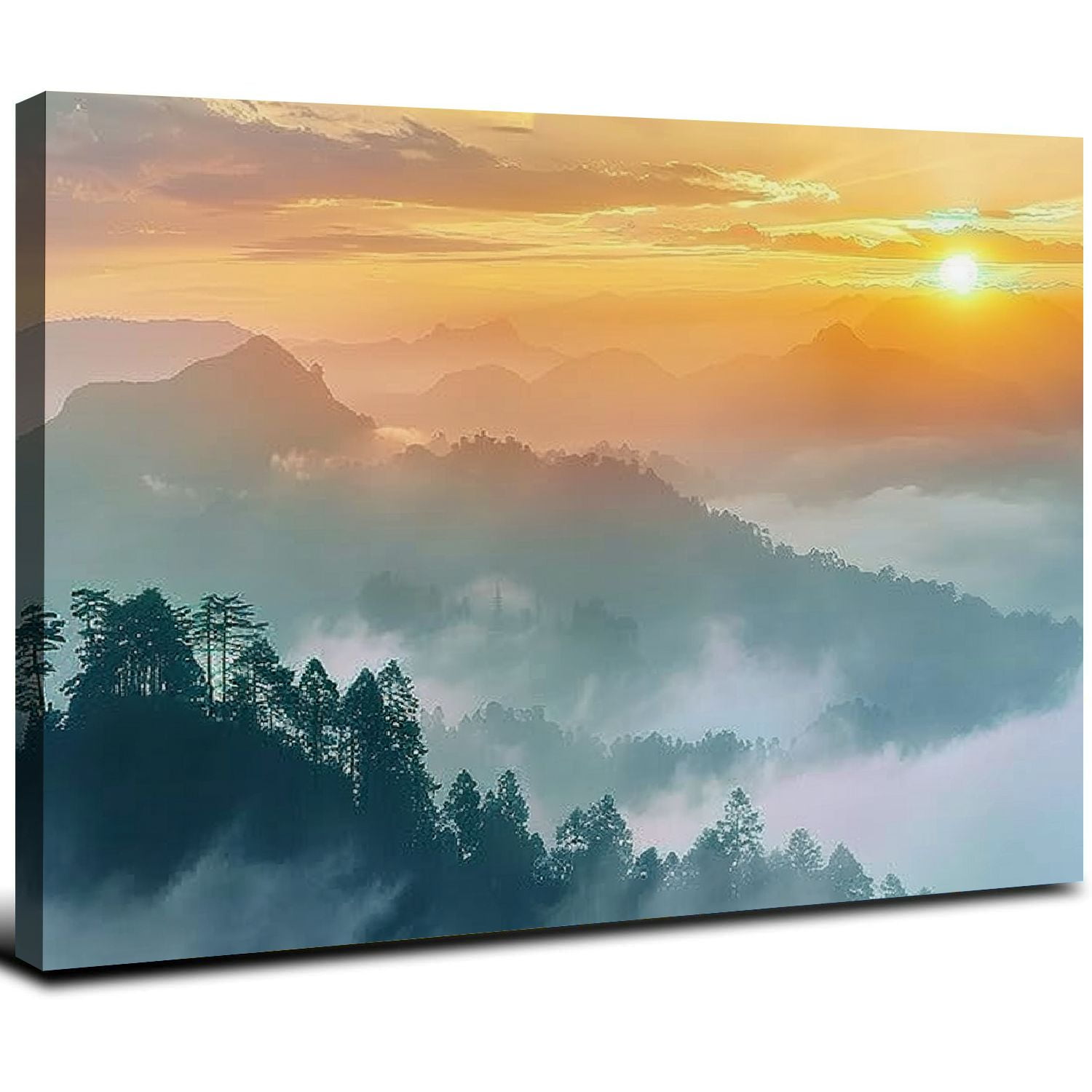 Acheng Framed Forest Wall Art Canvas: Foggy Sunset Landscape Picture ...