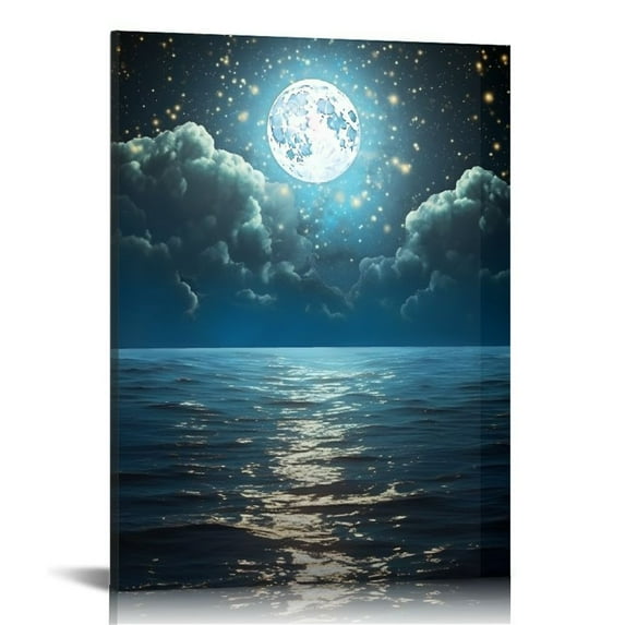 Acheng Framed Moon Over Ocean Canvas Wall Art Night Sky Full Moon White ...