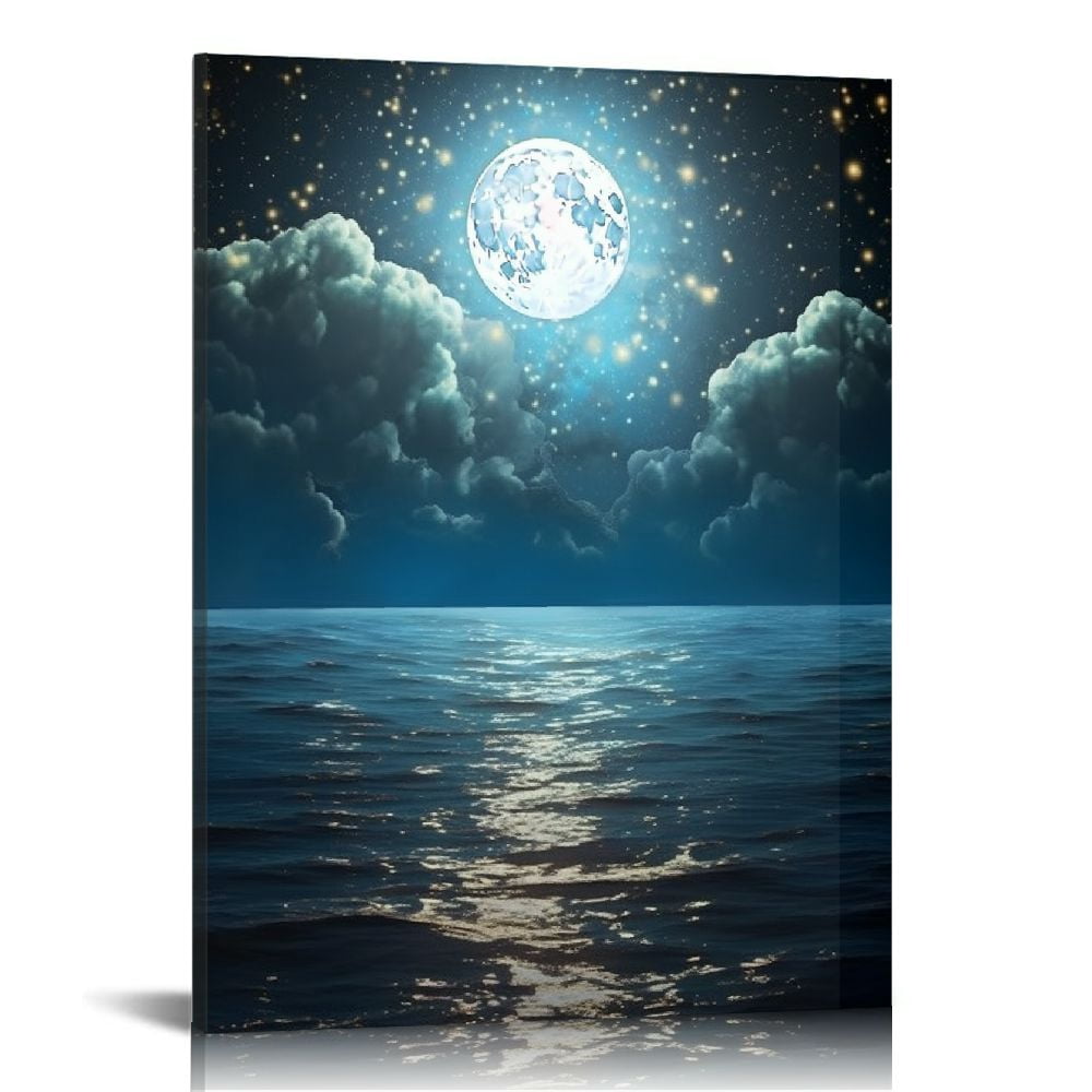 Acheng Framed Moon Over Ocean Canvas Wall Art Night Sky Full Moon White ...