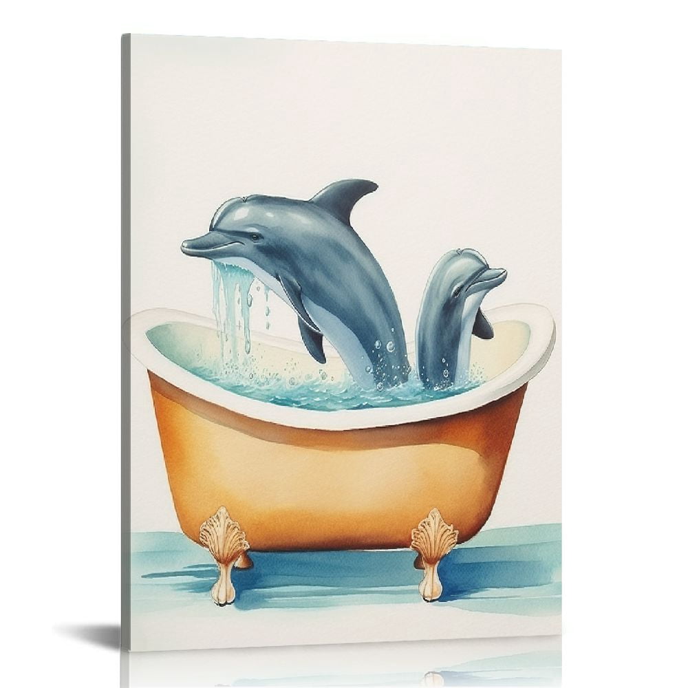 Acheng Funny Dolphin Bathroom Canvas Wall Art Cute Blue Watercolour ...