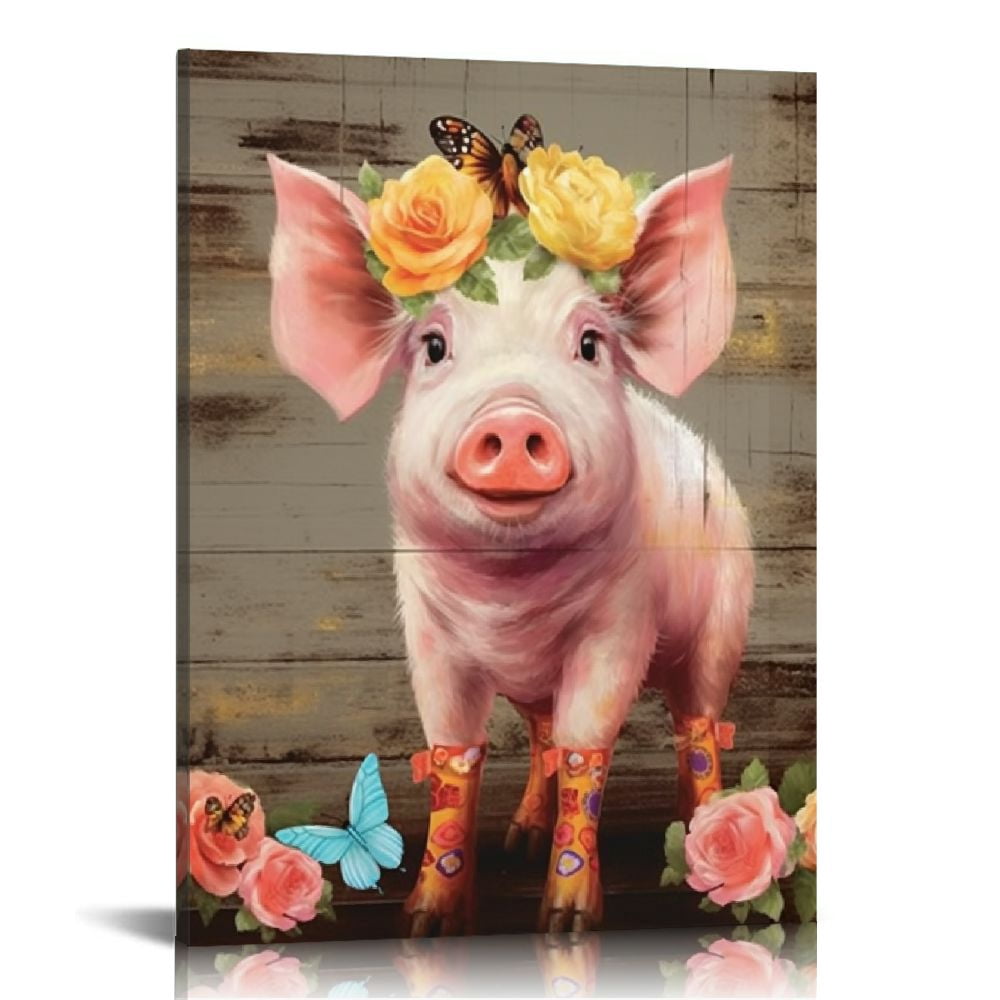Acheng Funny Piggy and Pink Butterfly Pig Pictures Wall Art Farmhouse ...