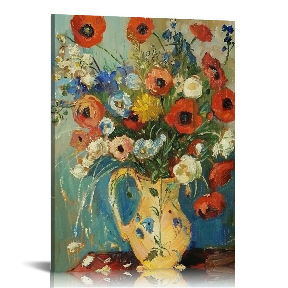 Acheng Gold Framed Art Red Poppies and Daisies Large Canvas Prints Wall ...