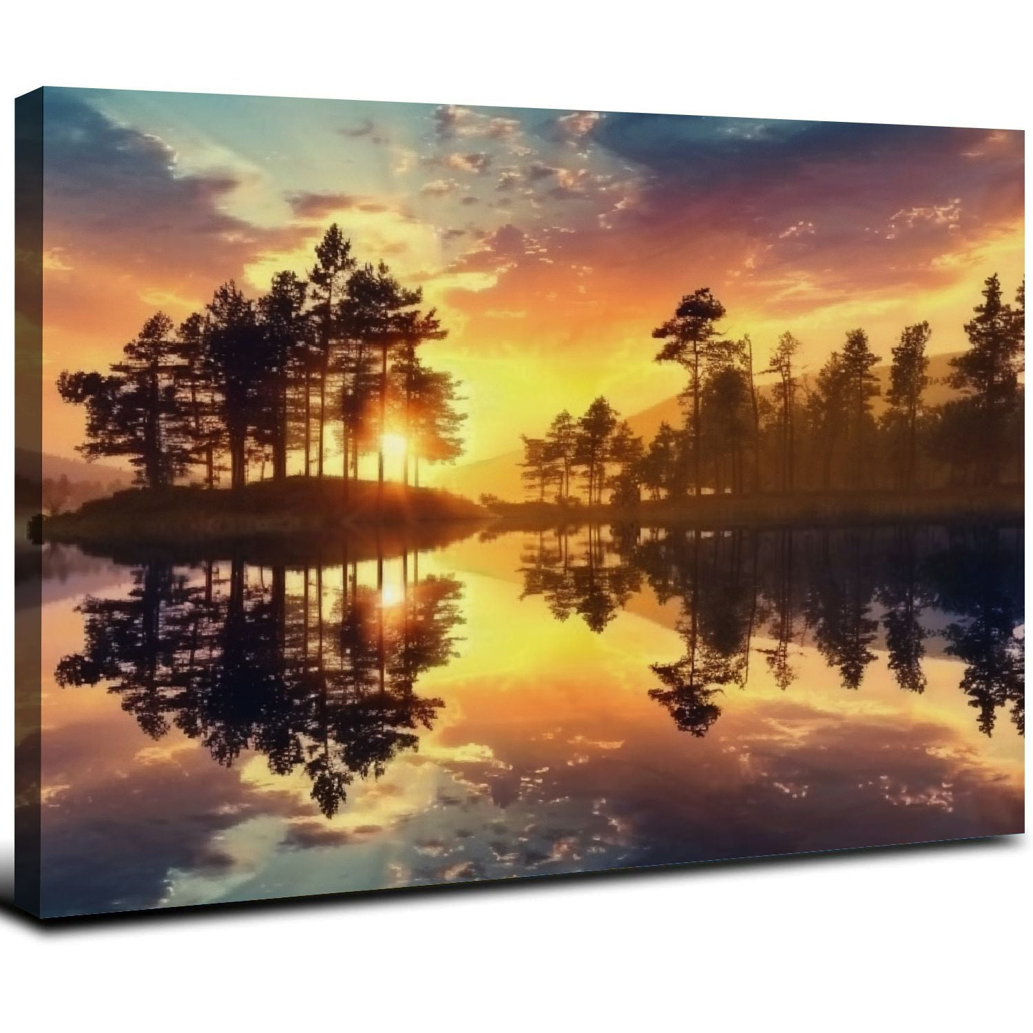 Acheng Landscape Canvas Wall Art Framed: Nightfall Sunset Theme Lake Reflection Pictures ...