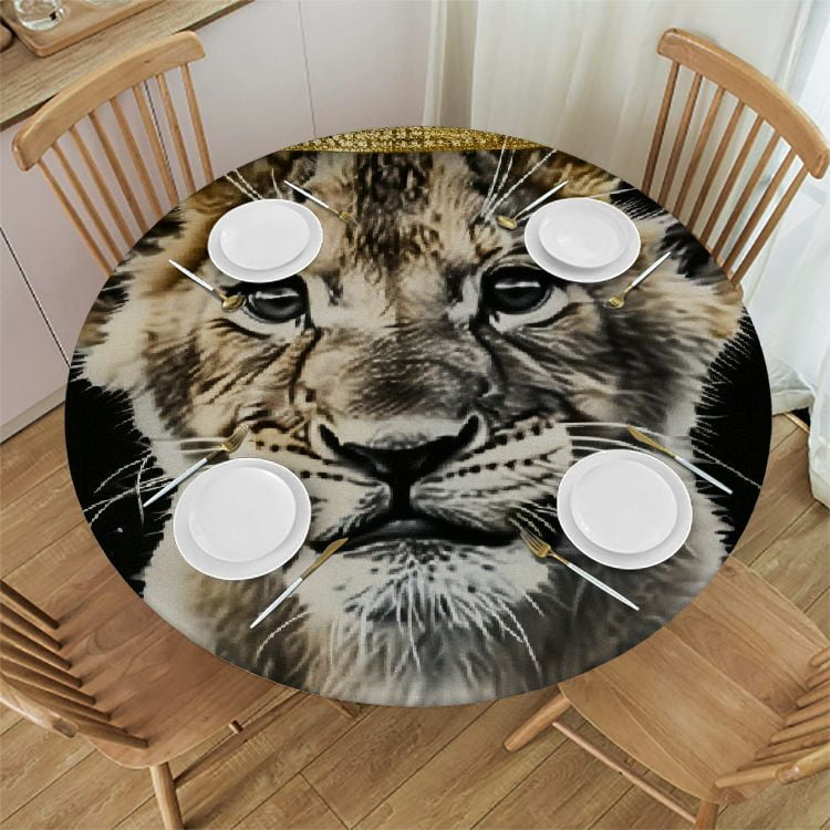Acheng Lion Cub Gold Crown Pop Surrealism Round Tablecloth Washable for ...