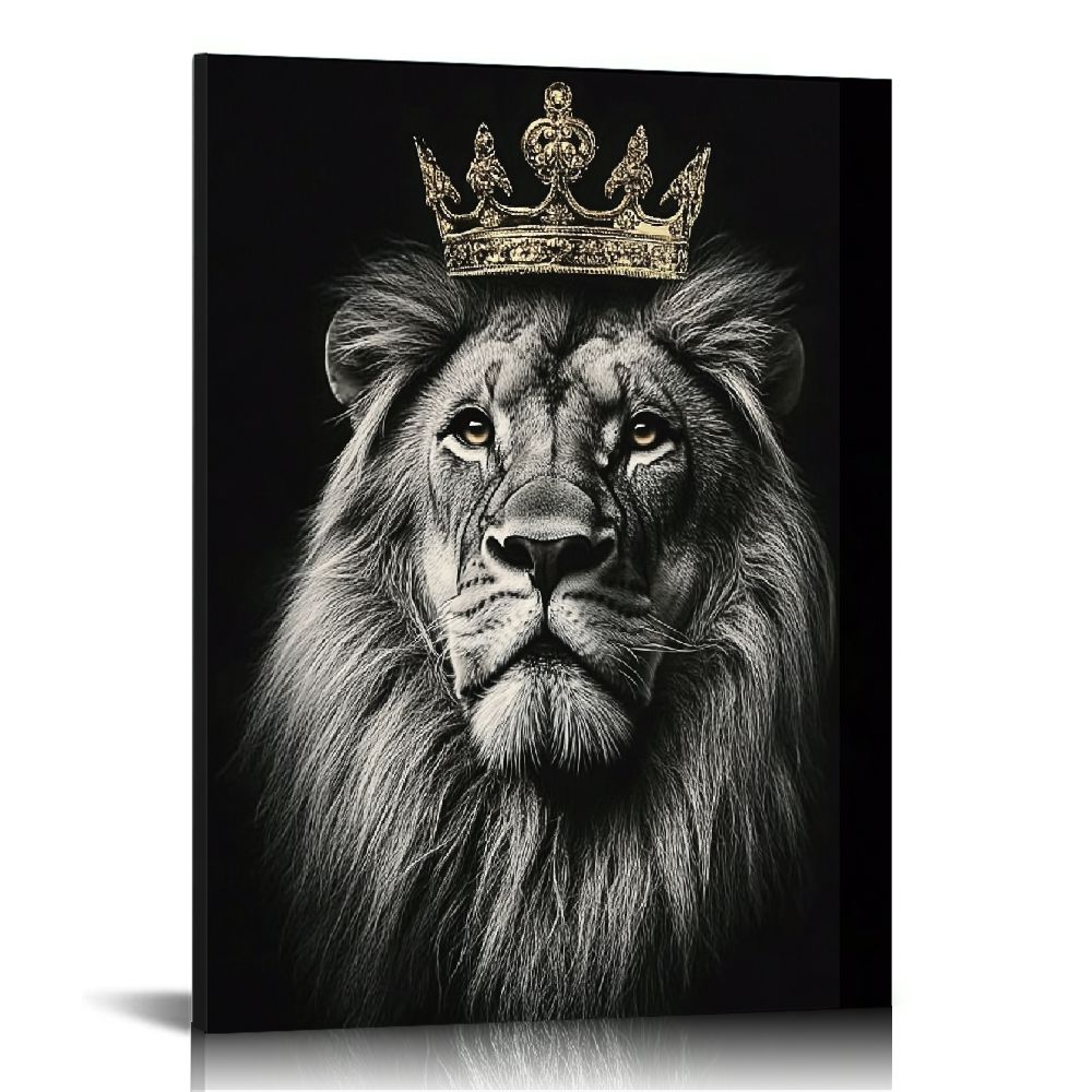 Acheng Lion King with Gold Crown Canvas Wall Art Black and White African Wild Animals Portrait ...