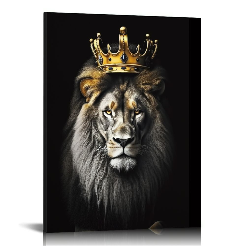 Acheng Lion King with Gold Crown Canvas Wall Art Black and White ...