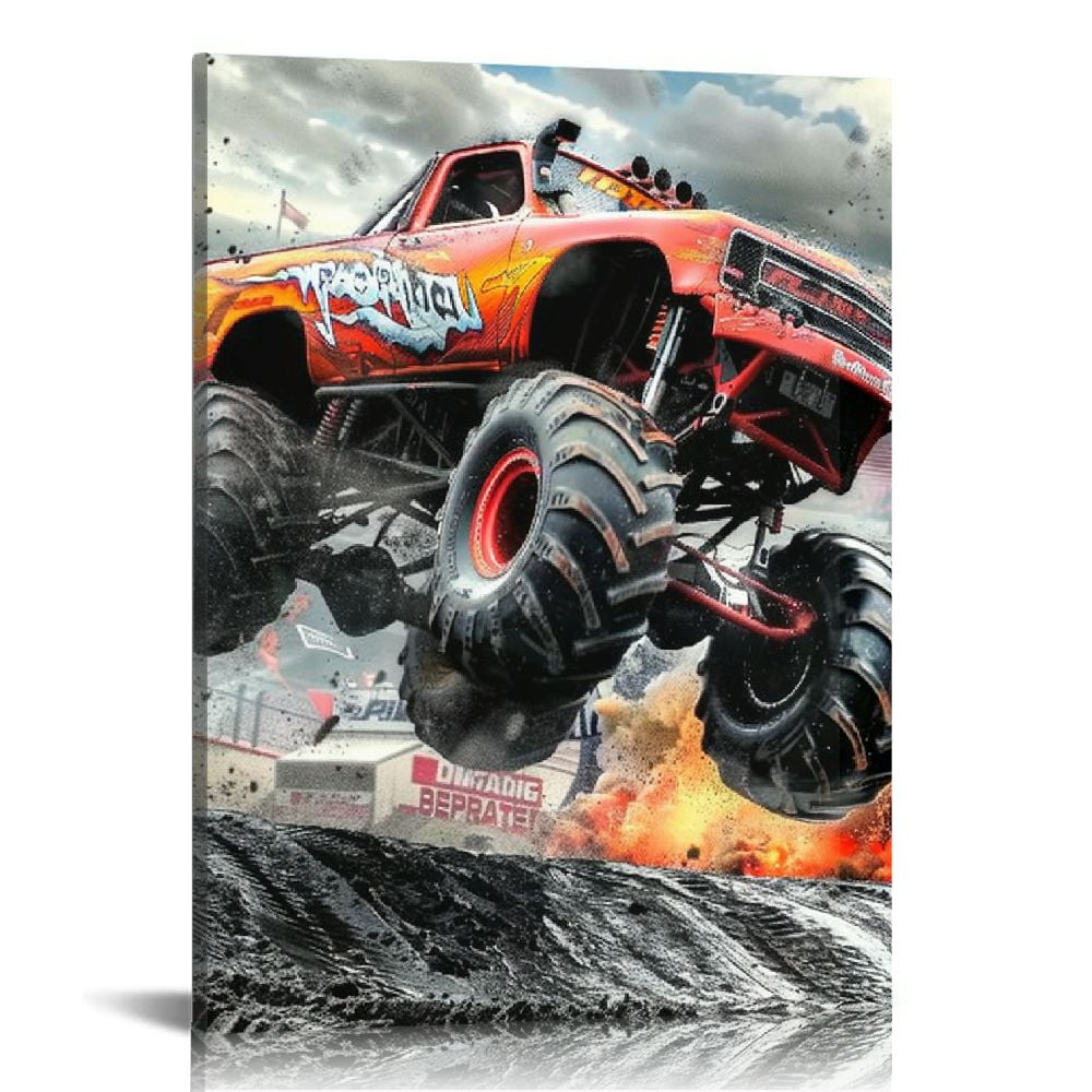 Acheng Monster Truck Canvas Wall Art for Boys Room Decor Black and ...