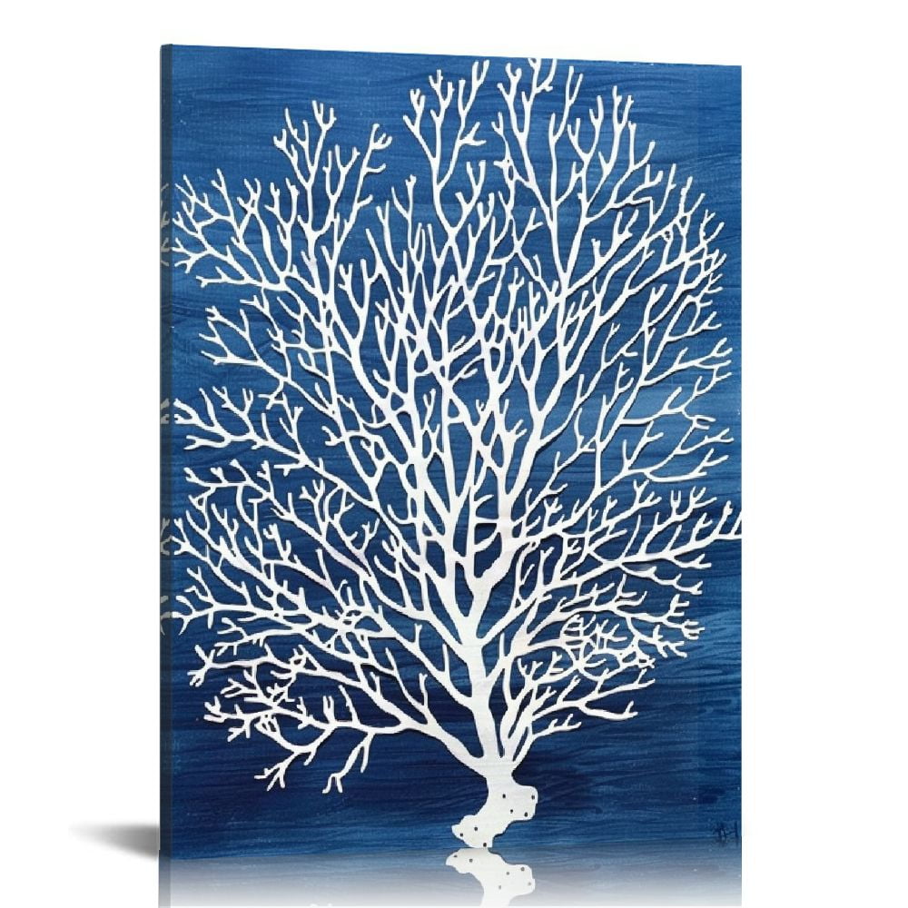 Acheng Navy Blue Canvas Wall Art White Coral Painting Modern Abstract ...