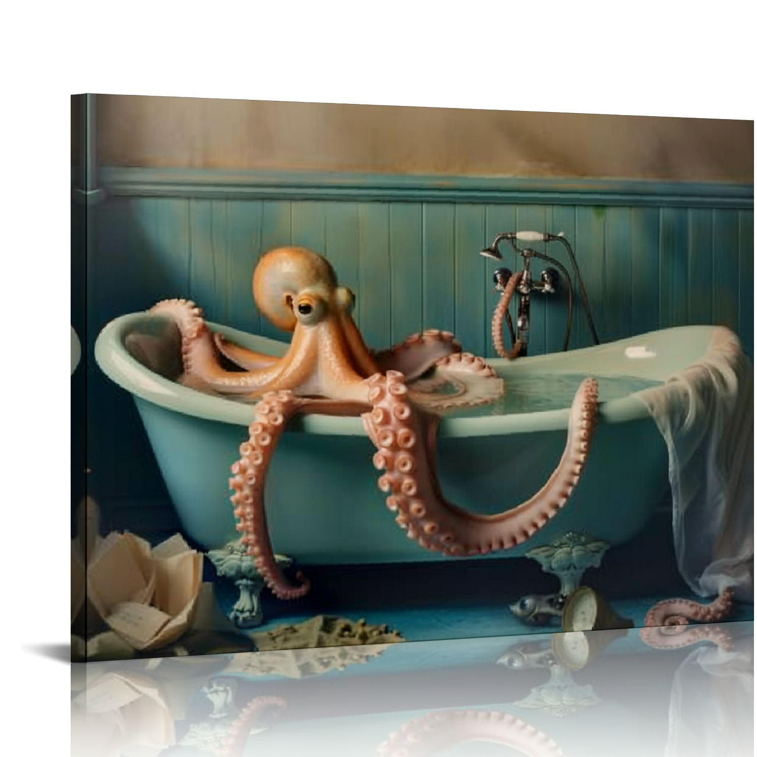 Acheng Octopus in the Bathtub Funny Bathroom Wall Art Canvas Wall Art ...