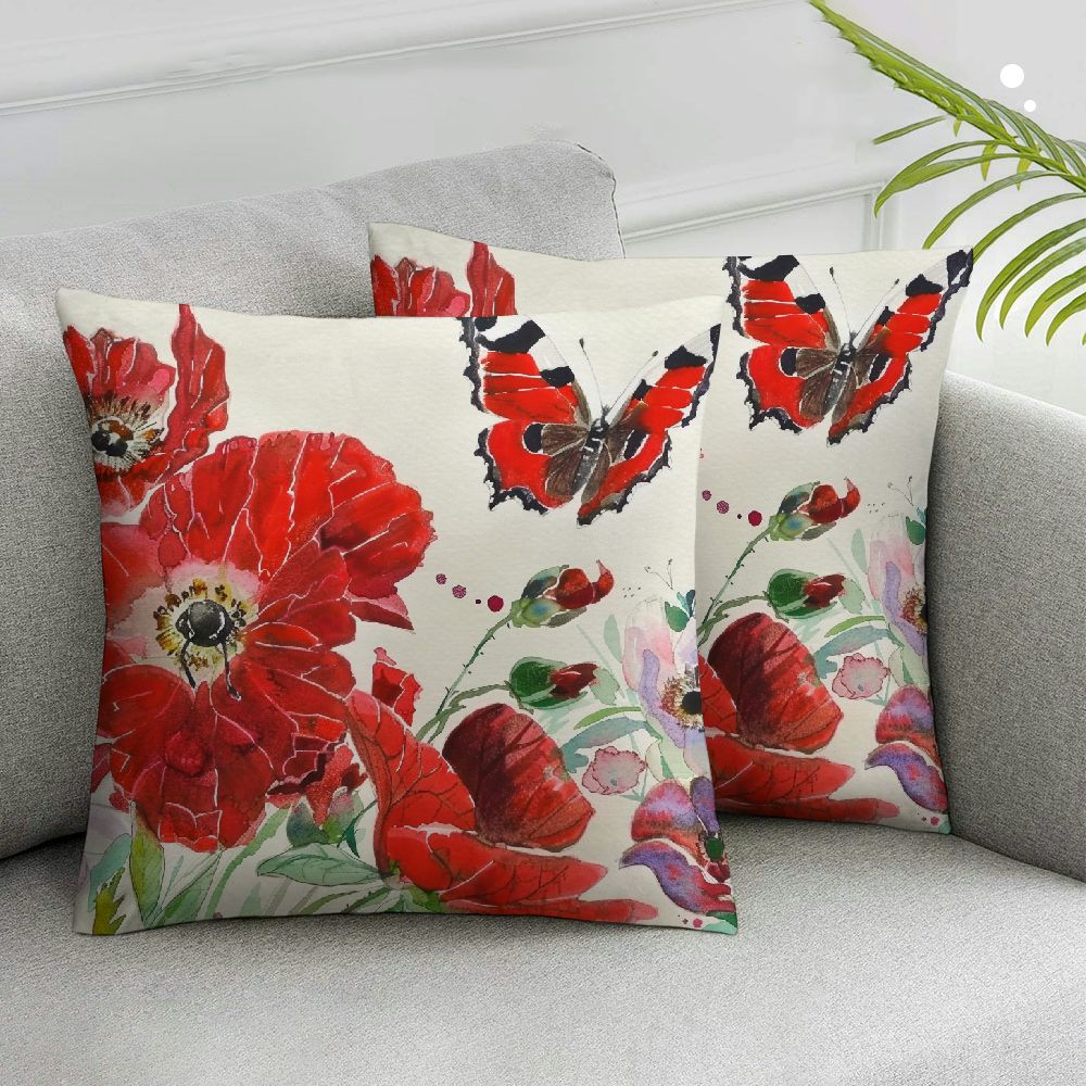 Acheng Oil Painting Red Poppy Flowers Throw Pillow Covers Butterfly ...