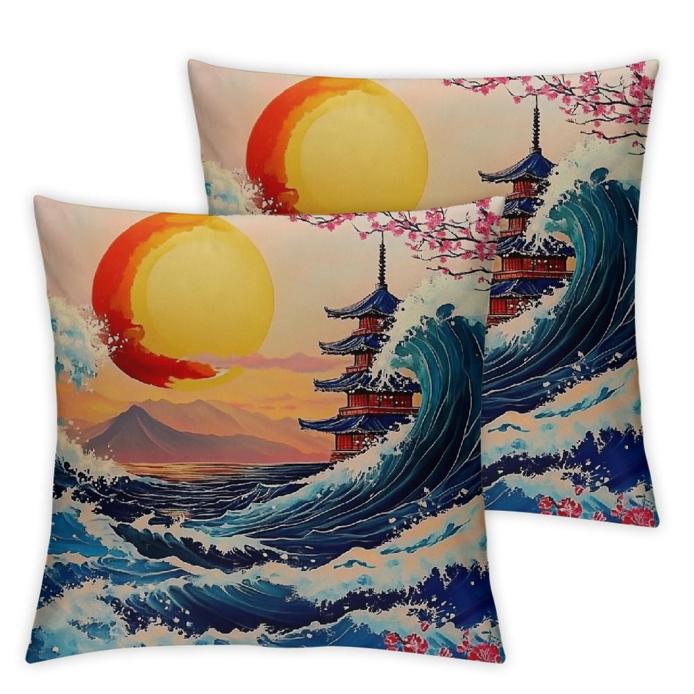 Acheng Pillow Cover Japanese Sakura Traditional Oriental The Great Wave ...