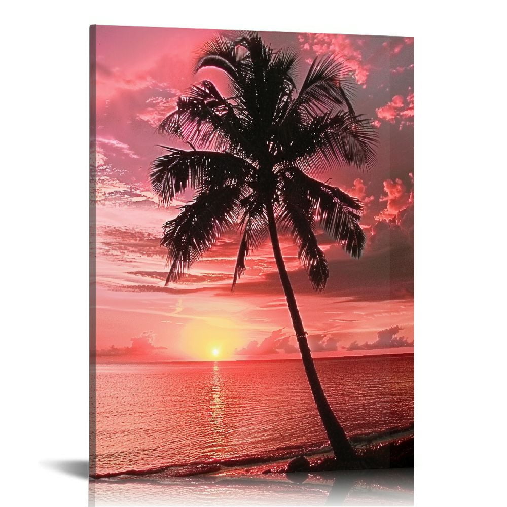 Acheng Pink Sunset Canvas Wall Art Beach Palm Tree Picture Prints ...