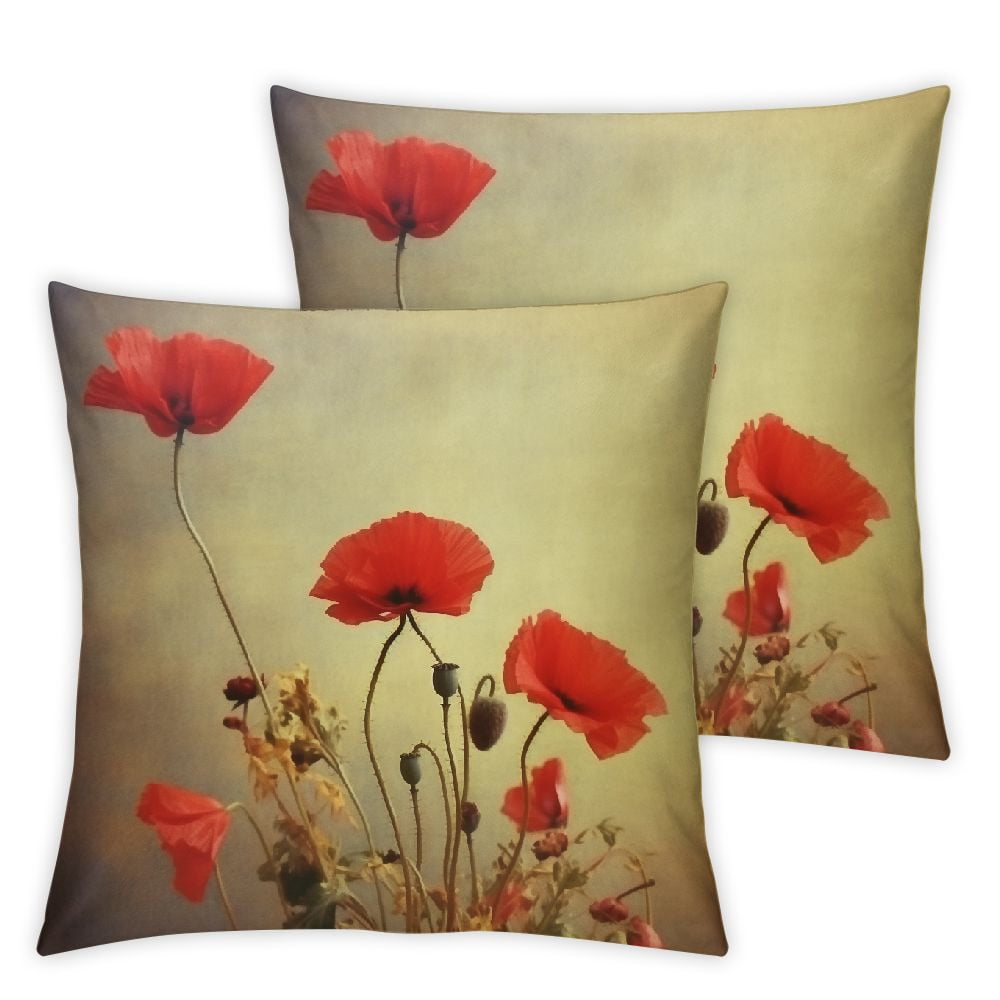 Acheng Poppies Throw Pillow Cases, Grunge Poppy Flower Field Set of 2 ...