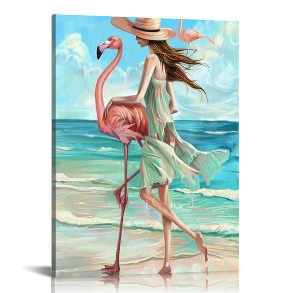 Acheng Posters Pink Canvas Wall Art Beach Woman Riding Pink Flamingo ...