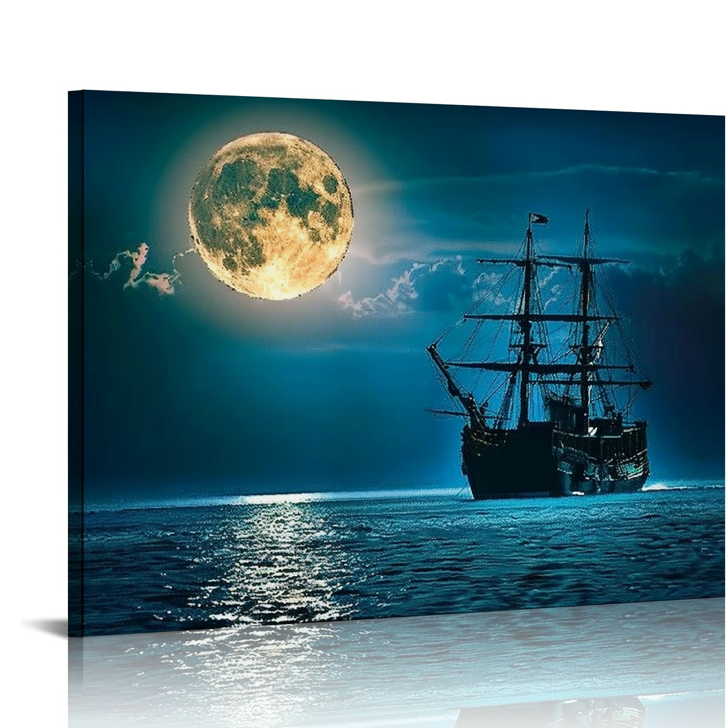 Acheng Seascape Night Ship Sea Navigation Blue Boat and Moon In The Sky ...