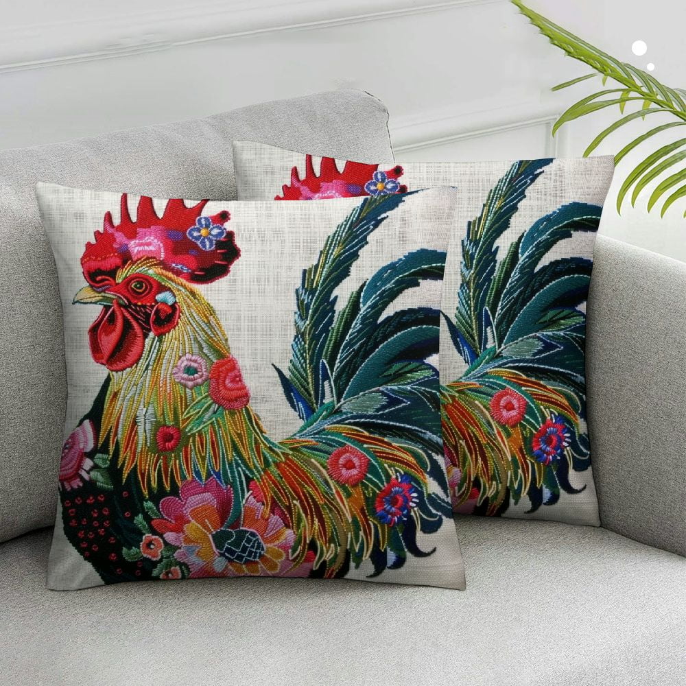 Acheng Set of 2 Watercolor Rooster Decorative Pillow Cover Art Colorful ...
