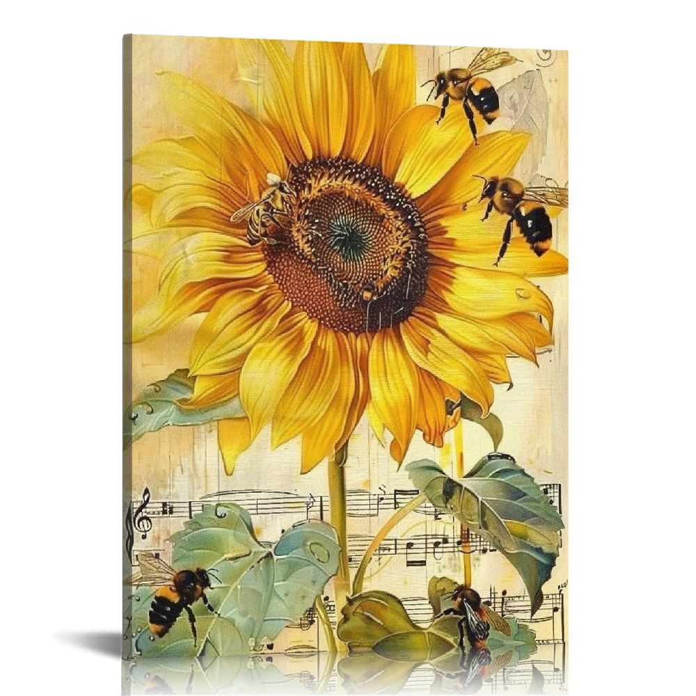 Acheng Sunflower Canvas Wall Art, Yellow Sunflower and Bees Painting ...