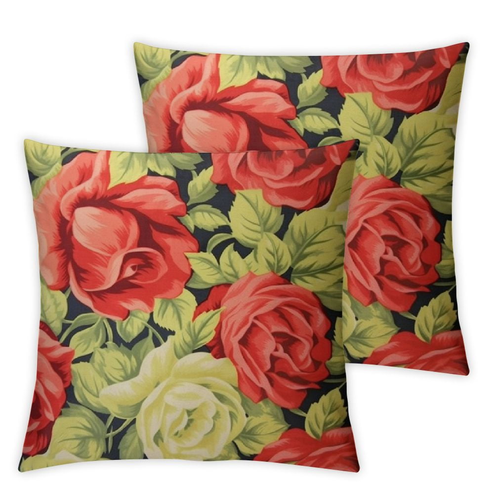 Acheng Throw Pillow Covers Pink Red Roses Floral with Leaves Design ...