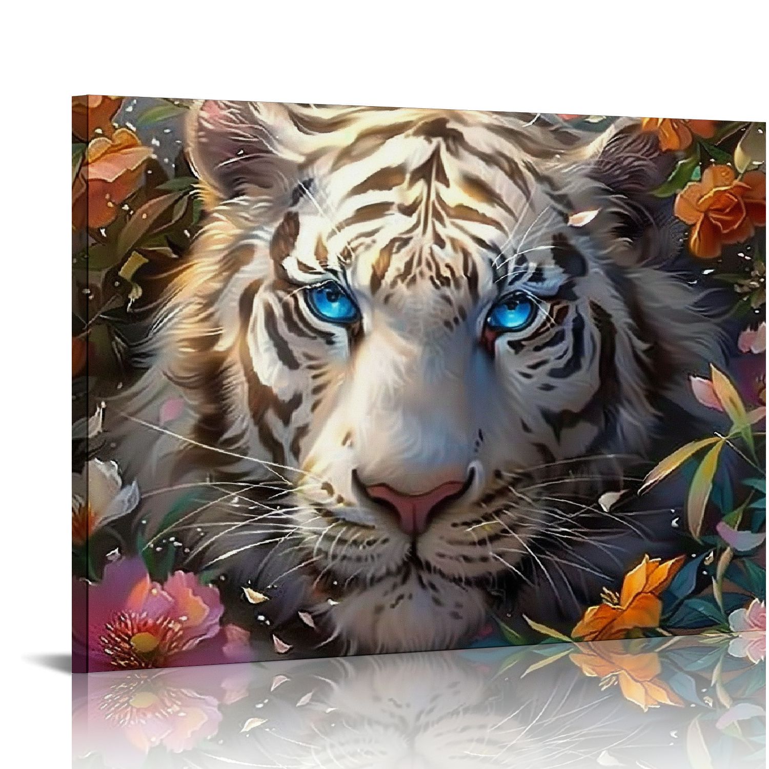 Acheng Tiger Canvas Wall Art Wildlife White Tiger with Floral Painting ...
