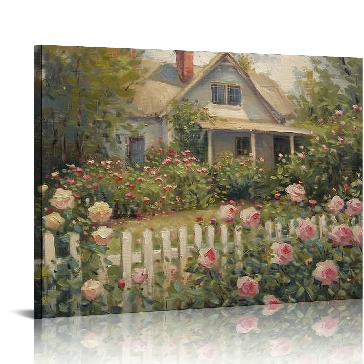 Acheng Vintage Cottage Oil Painting Print - Charming Rose Garden Wall ...