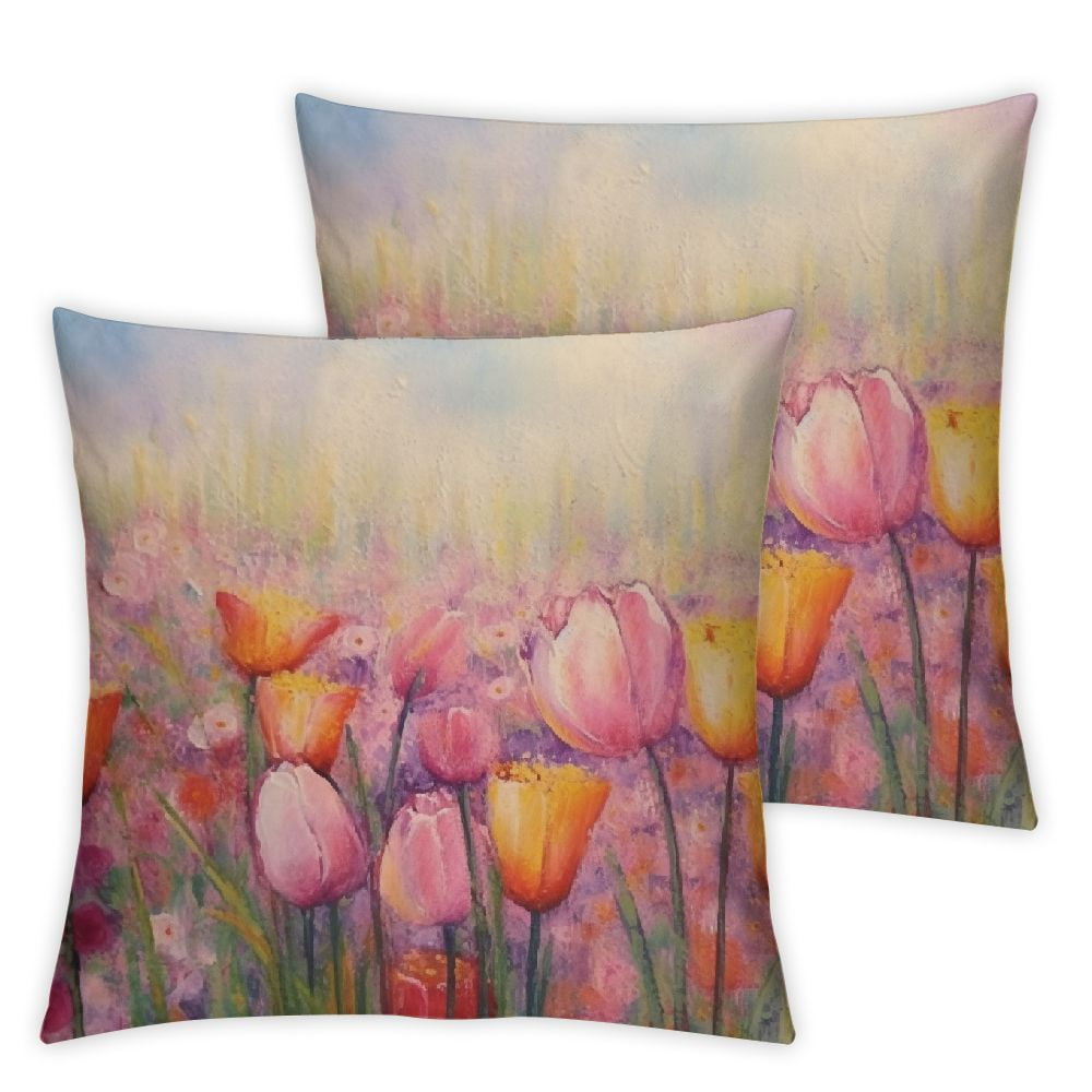 Acheng Watercolor Tulip Flowers Meadow Pillow Cover Colorful Violet Red ...