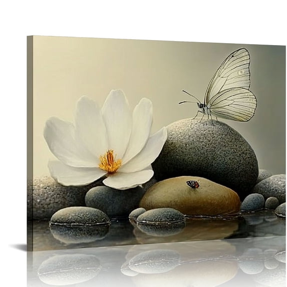 Acheng Zen Stone Canvas Wall Art White Flower and Yellow Butterfly on ...