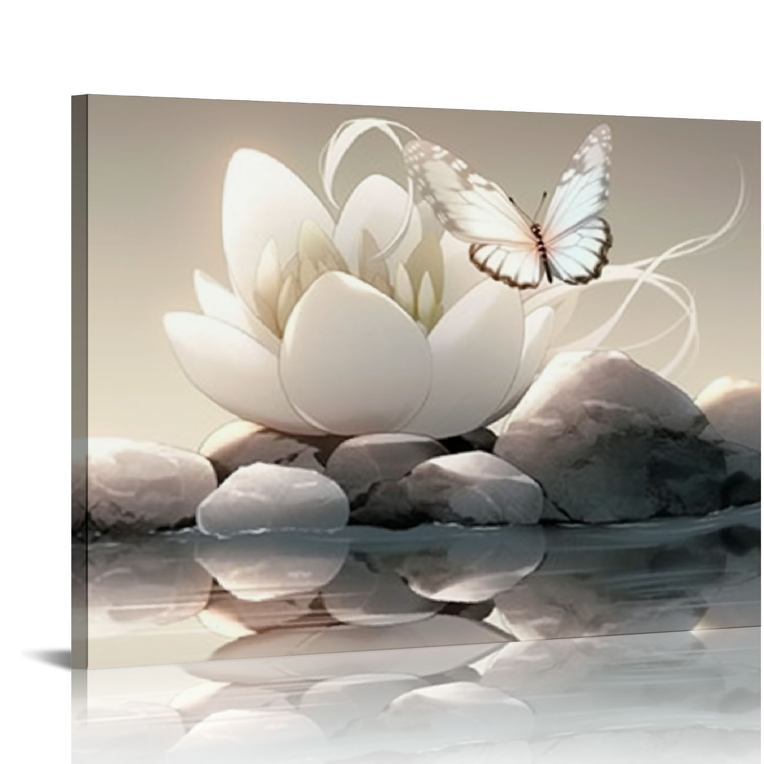 Acheng Zen Water Lily Canvas Wall Art White Floral and Yellow Butterfly ...