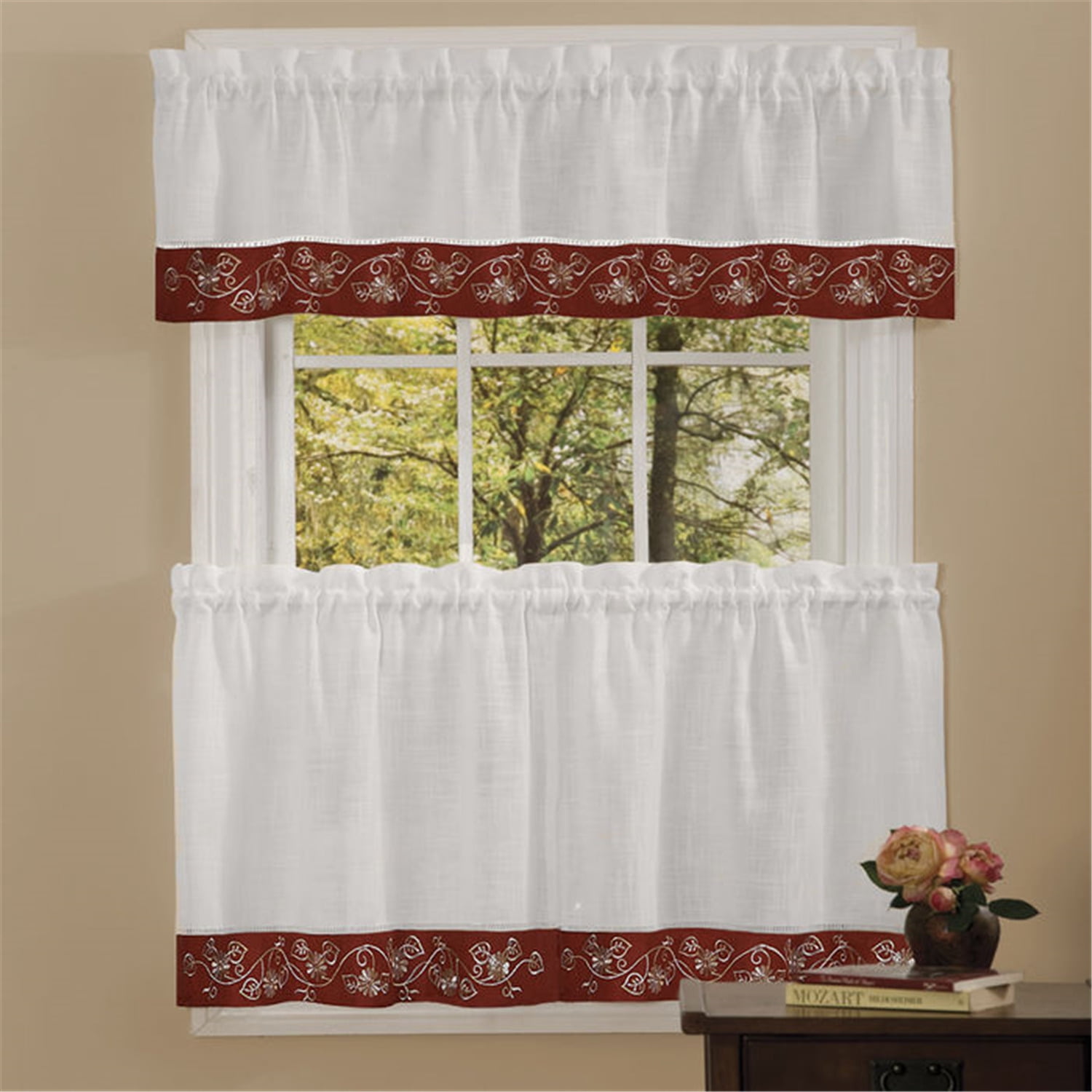 Achim Oakwood 58x36 Window Curtain Tier Pair - Natural-Color:Burgundy ...