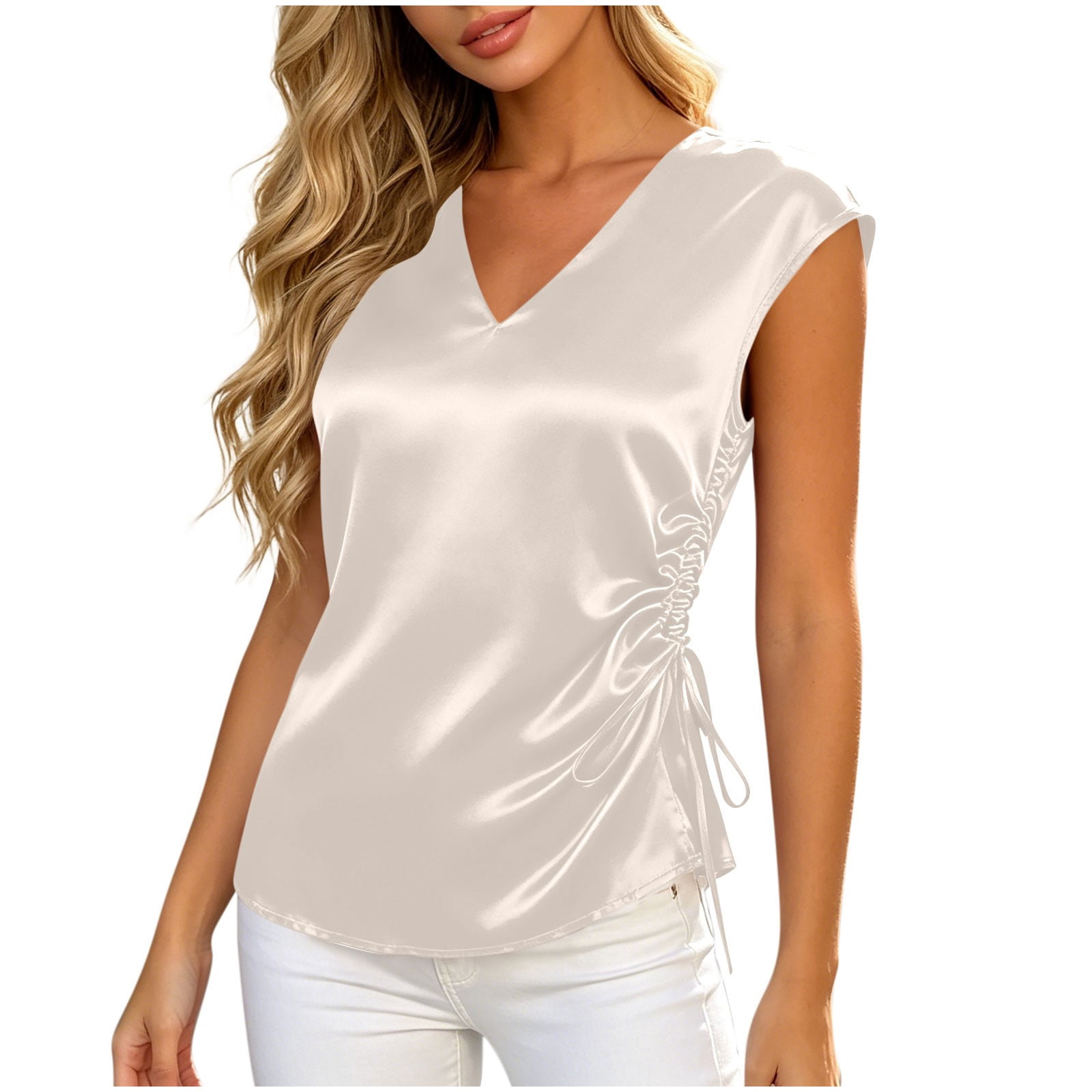 Achuyrbd Tank Tops for Women V-Neck Sleeveless Satin Tank, Side ...