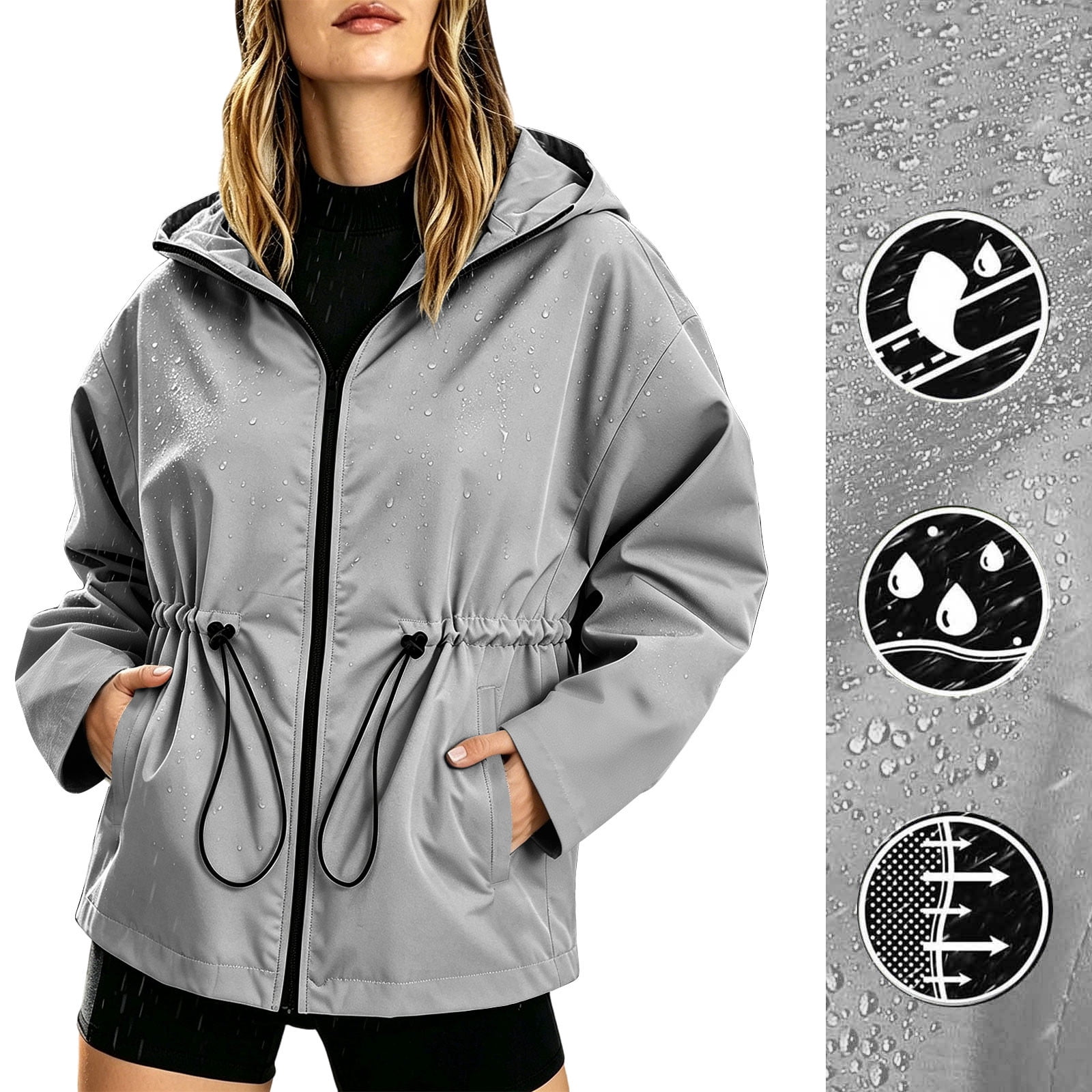 Achuyrbd Women's Cinched Waist Hooded Rain Jacket, Waterproof Windproof ...
