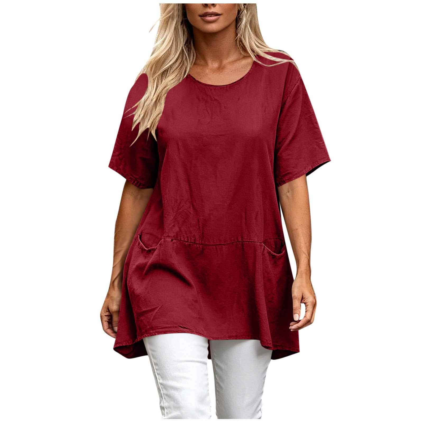 Achuyrbd Women's Crew Neck Short Sleeve Tunic Top, Solid Linen Look A ...