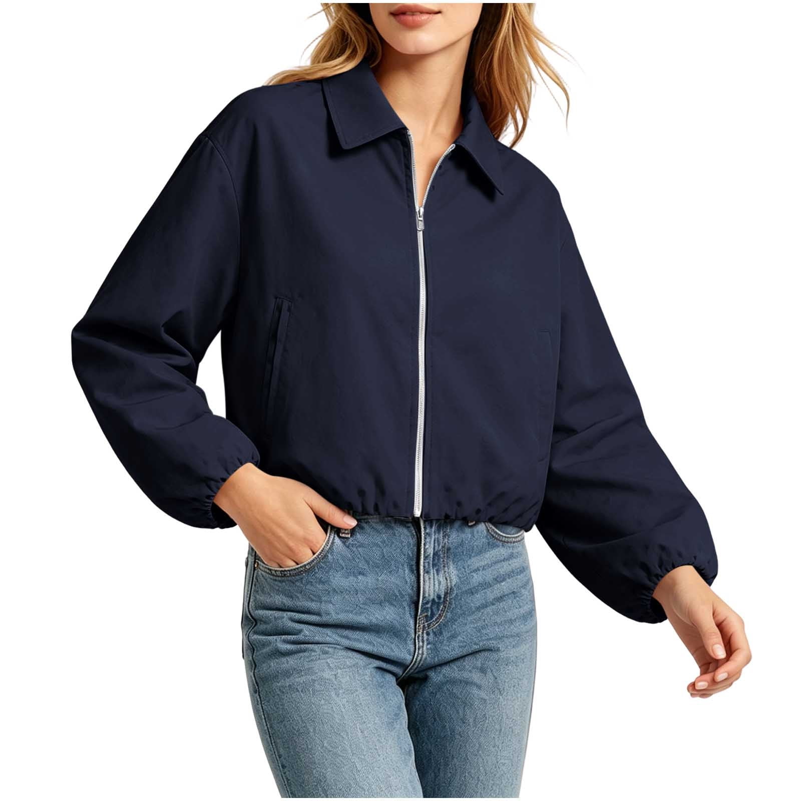 Achuyrbd Women's Cropped Zip-Up Bomber Jacket, Collared Elastic Hem ...