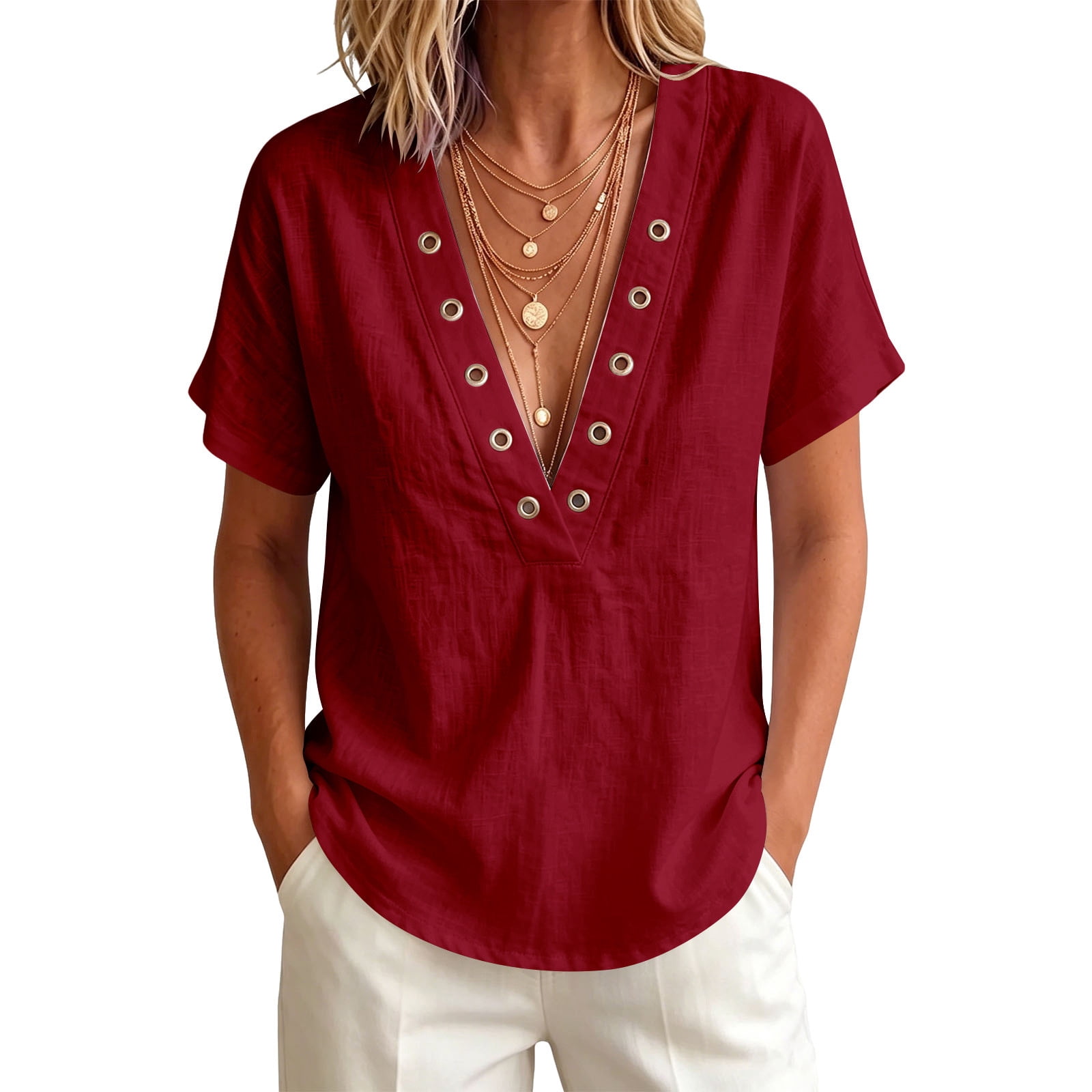 Achuyrbd Women's Deep V Neck Metal Eyelet Placket Short Sleeve Blouse ...
