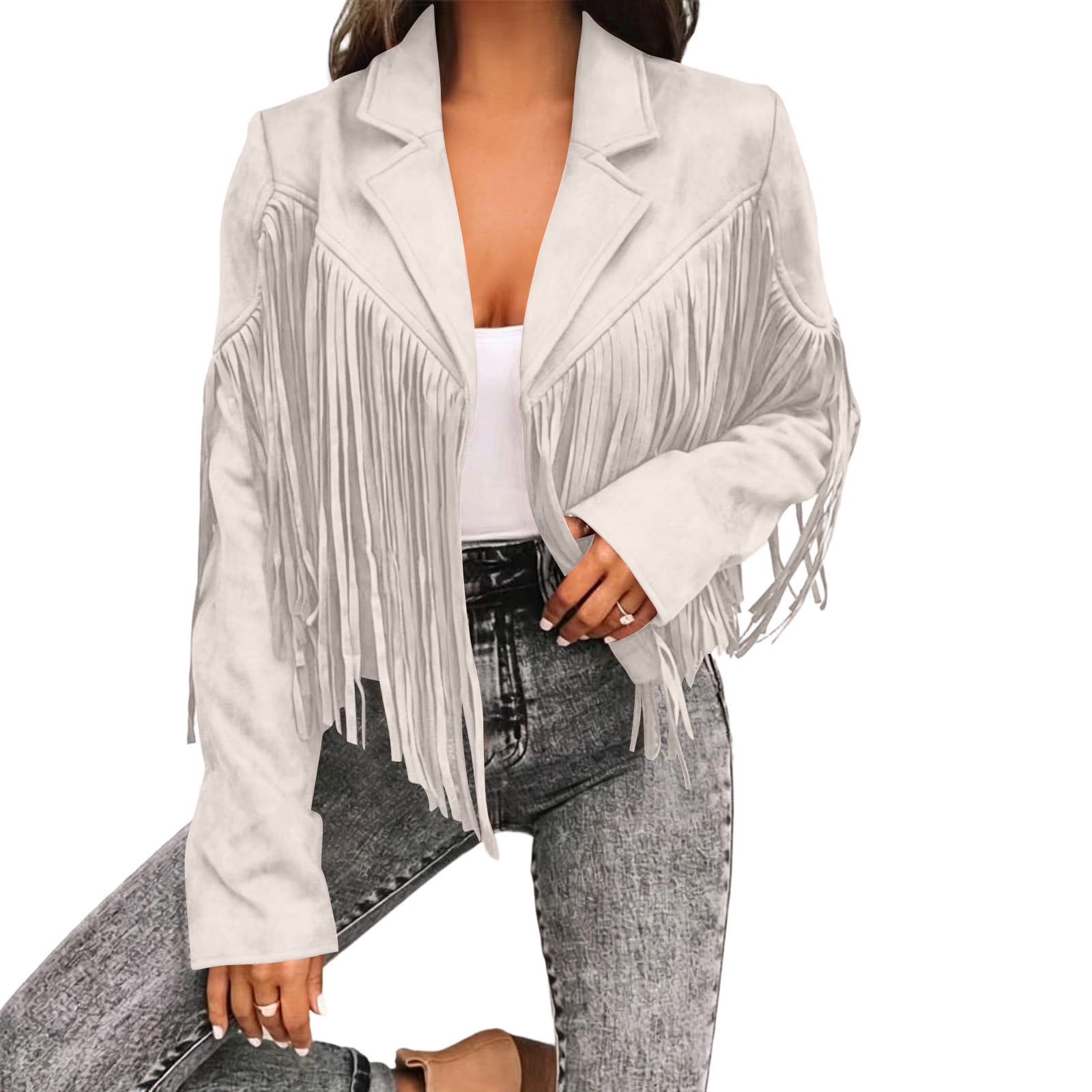 Achuyrbd Women's Faux Suede Leather Tassel Jackets Cropped Motorcycle ...