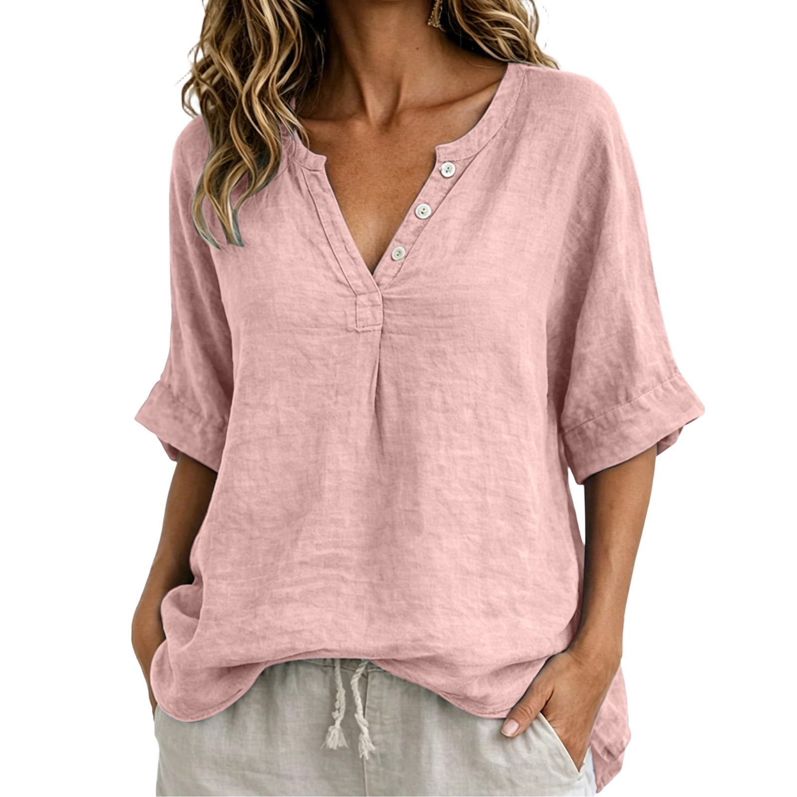 Achuyrbd Women's Henley Split V Neck Roll Cuff Half Sleeve Shirt ...
