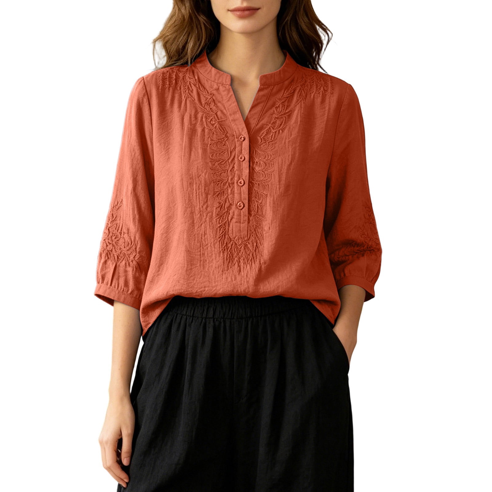 Achuyrbd Women's Linen Blend Embroidered Blouse, 3/4 Sleeve V-Neck ...