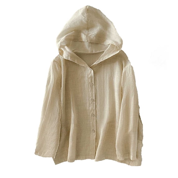 Achuyrbd Women's Linen Blend Hooded Button-Up Shirt, Long Sleeve ...