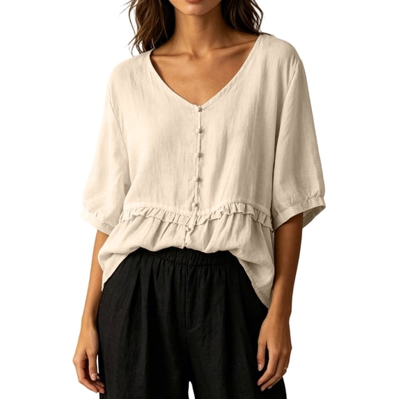 Achuyrbd Women's Linen Blend Peplum Blouse, V-Neck Half Short Sleeve ...