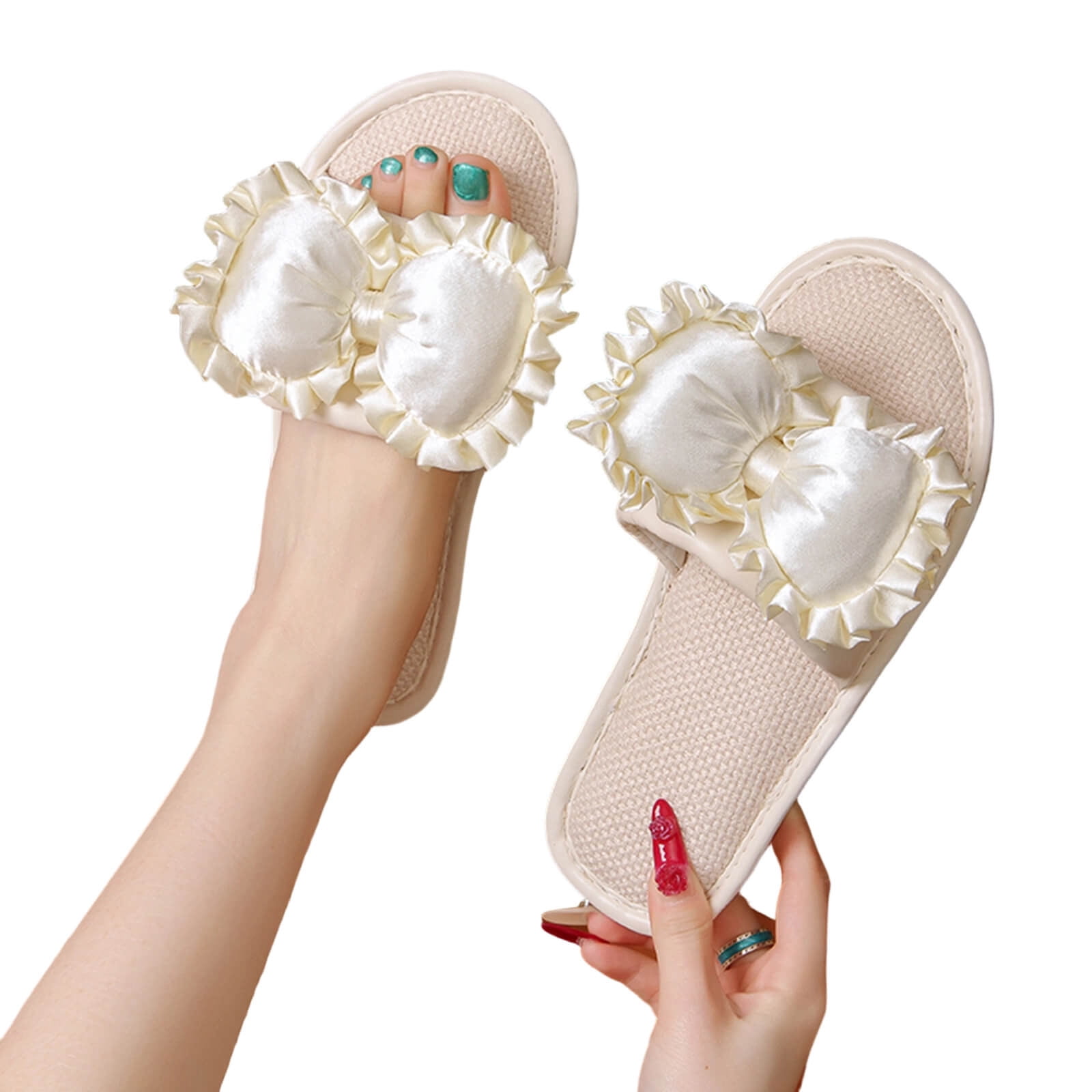 Achuyrbd Women's Open Toe Bow Decor Flat Slide Slippers Bridal Wedding ...