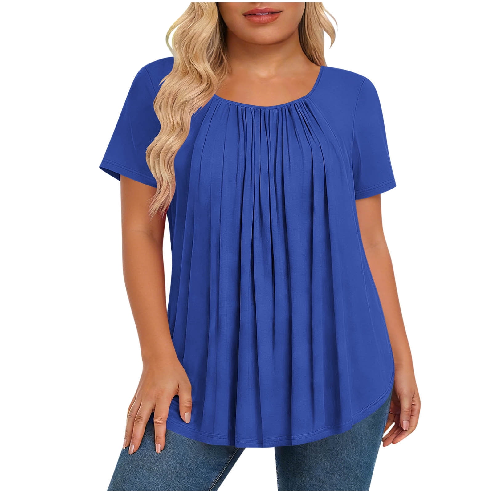Achuyrbd Women's Plus Size Pleated Front Tunic Blouse, Crew Neck Short ...