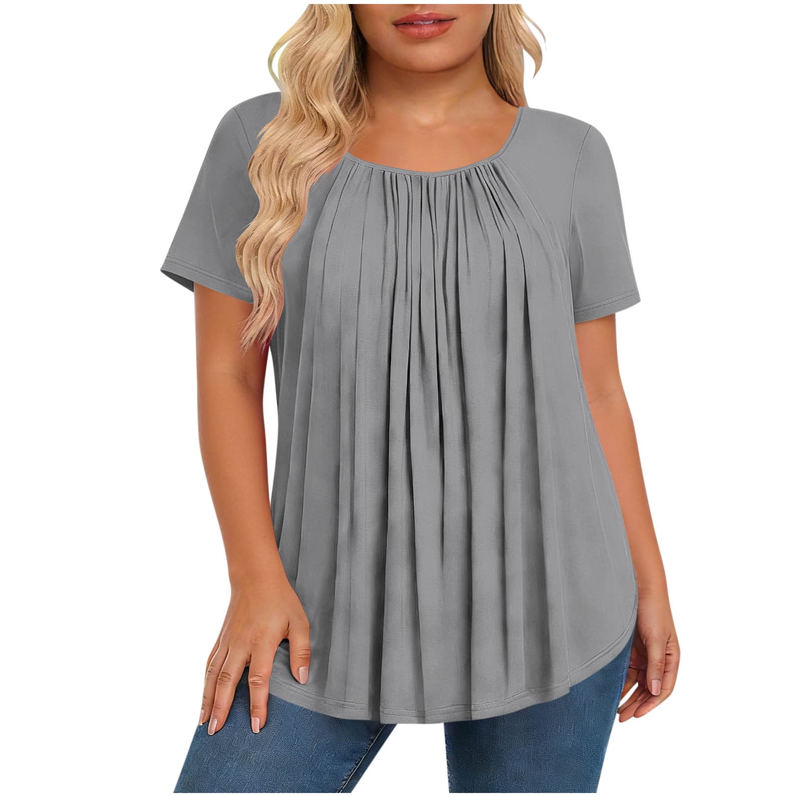 Achuyrbd Women's Plus Size Pleated Front Tunic Blouse, Crew Neck Short ...