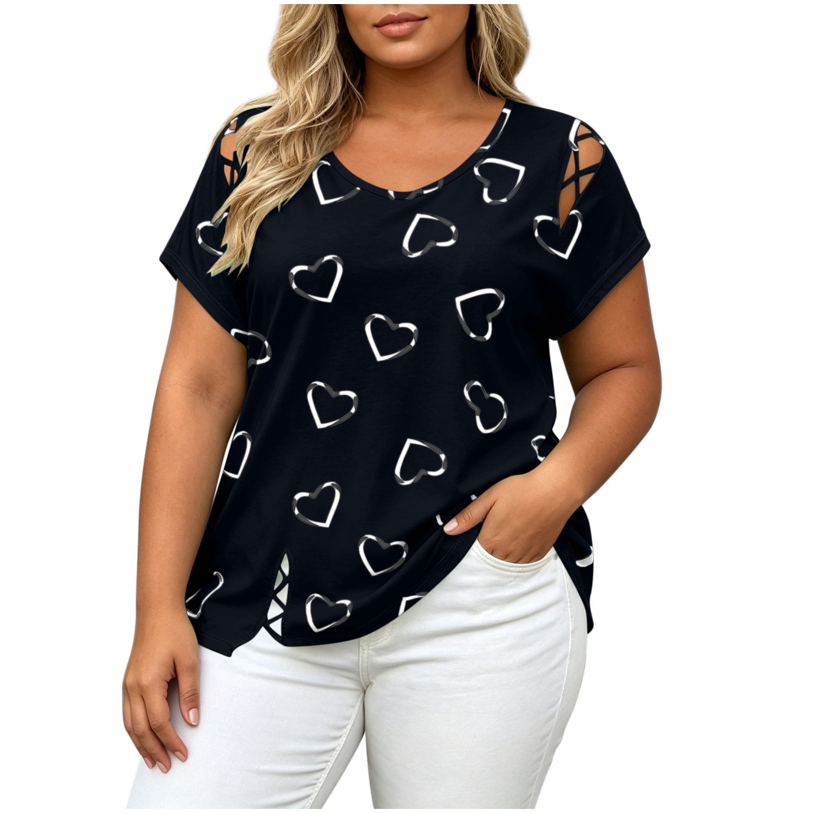 Achuyrbd Women's Plus Size Tops Heart Print T-Shirt Casual V-Neck Short ...