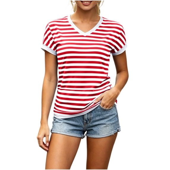 Achuyrbd Women's Short Sleeve T-Shirt V Neck Cute Tops Casual Striped ...