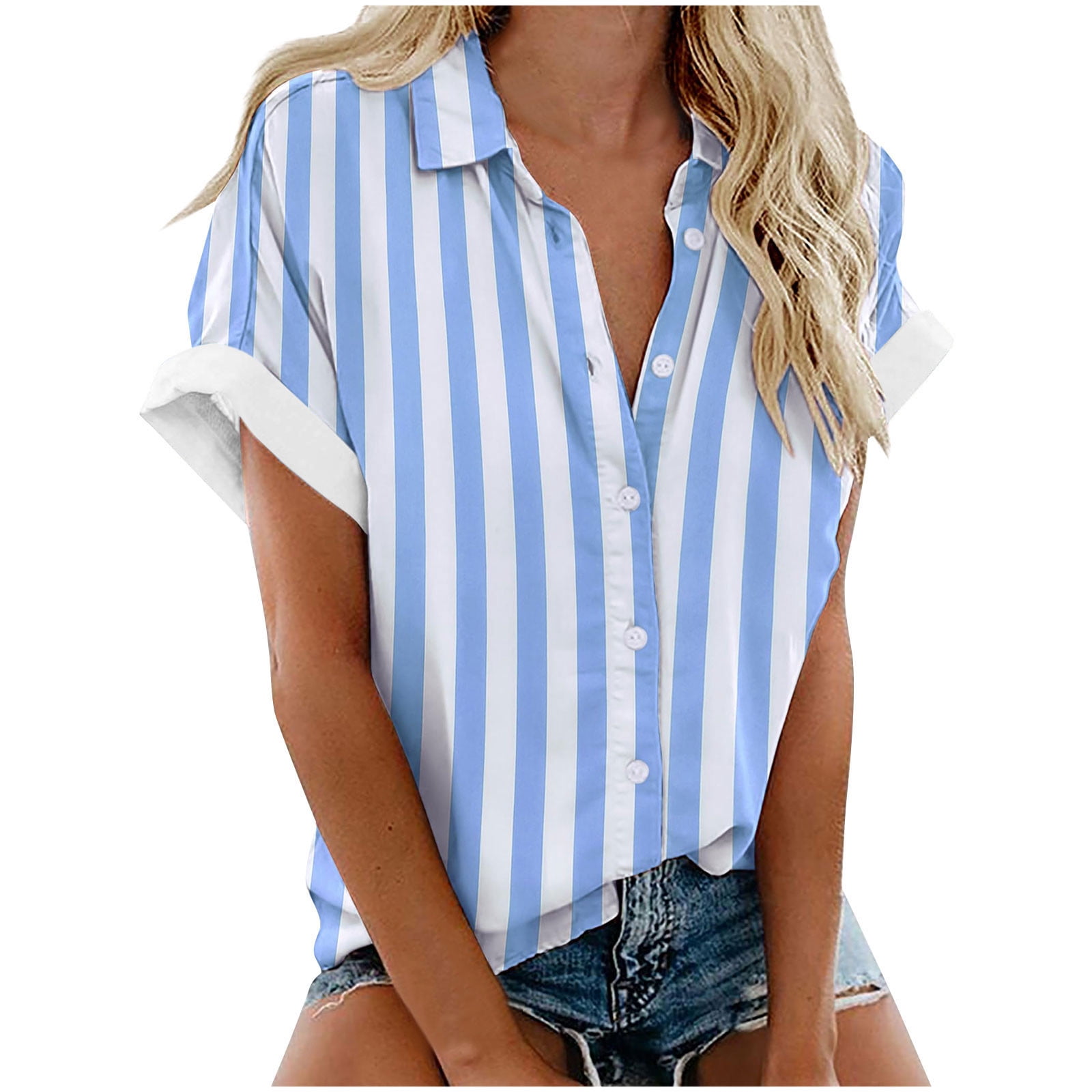Achuyrbd Women's Striped Button-Up Shirt Casual Loose Short Sleeve ...