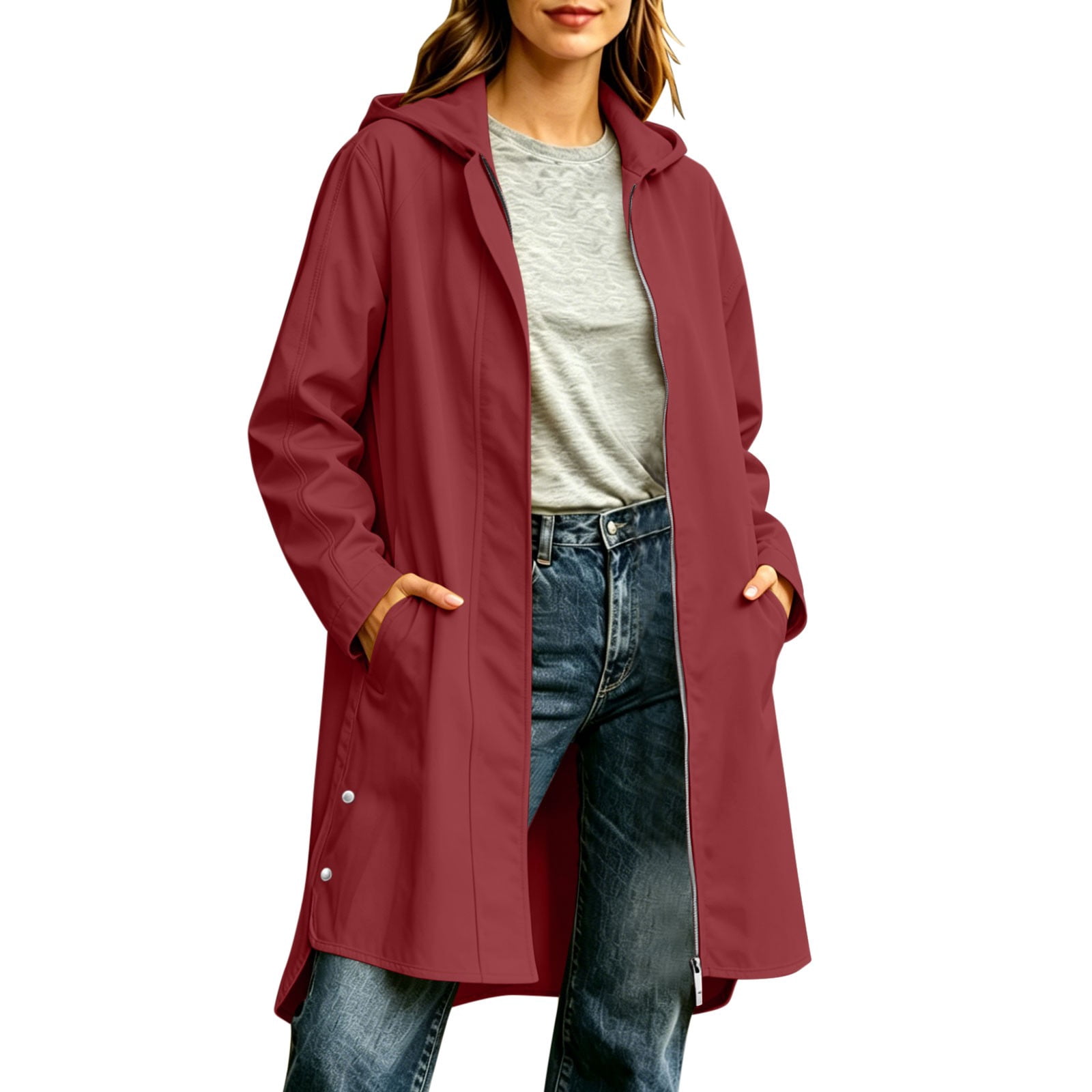 Achuyrbd Women's Waterproof Rain Jacket, Longline Hooded, Side Snap ...
