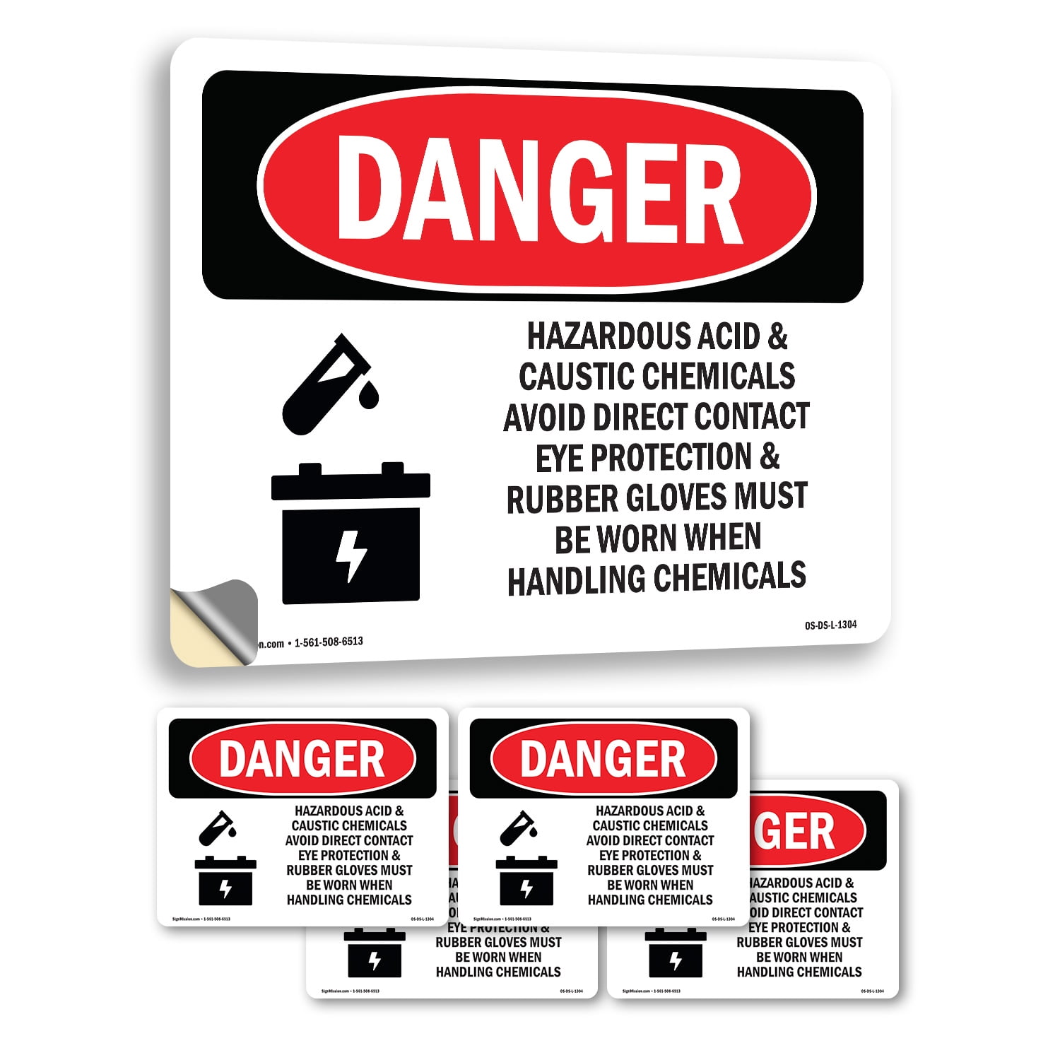 Acid Caustic Eye Rubber Gloves Chemicals OSHA Danger Vinyl Decal Label ...