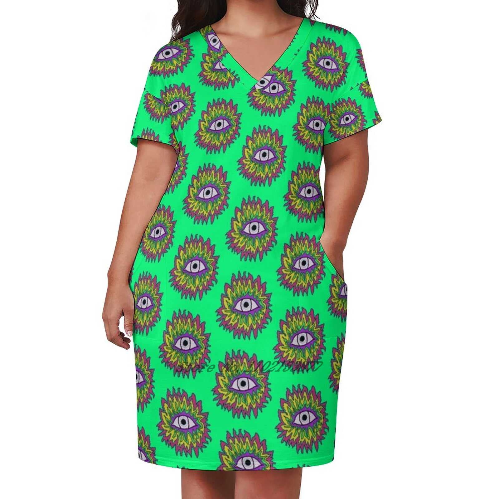Acid Eyeball Loose Pocket Dress Women'S Printed Dresses V Neck Casual ...